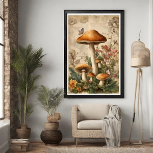 Vintage Mushrooms and Butterfly Digital Poster, Rustic Botanical Poster ...