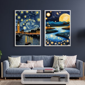 Starry Night Triptych Digital Poster, Big Ben, Moonlit River, Starry ...