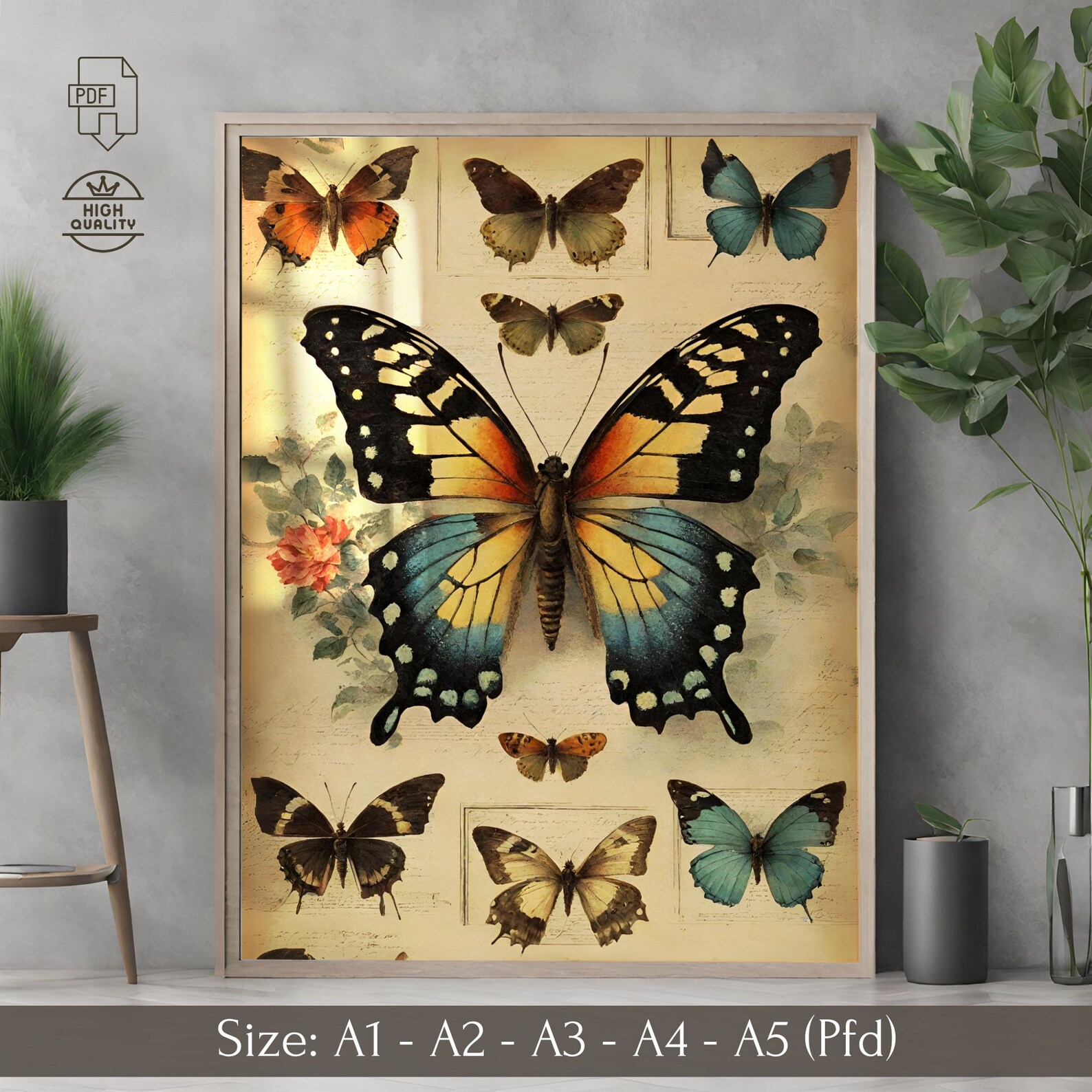 Butterfly Digital Poster, Vintage Butterfly Art, Boho Decor, Butterfly ...