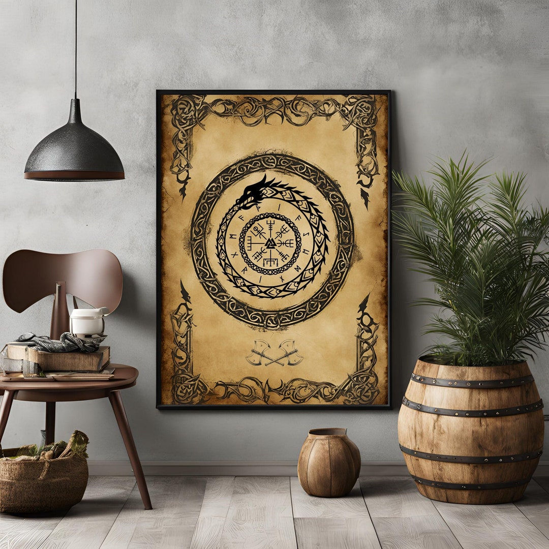Ouroboros Poster, Viking Vegvisir Compass Art, Dragon Art, Valknut ...