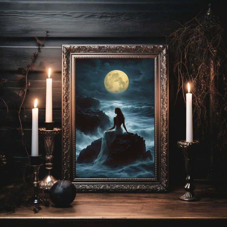 The Sea Siren on the Rock Art,siren Wall Art, Mystical Siren Under Full ...