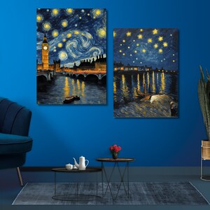 Starry Night Triptych Digital Poster, Big Ben, Moonlit River, Starry ...