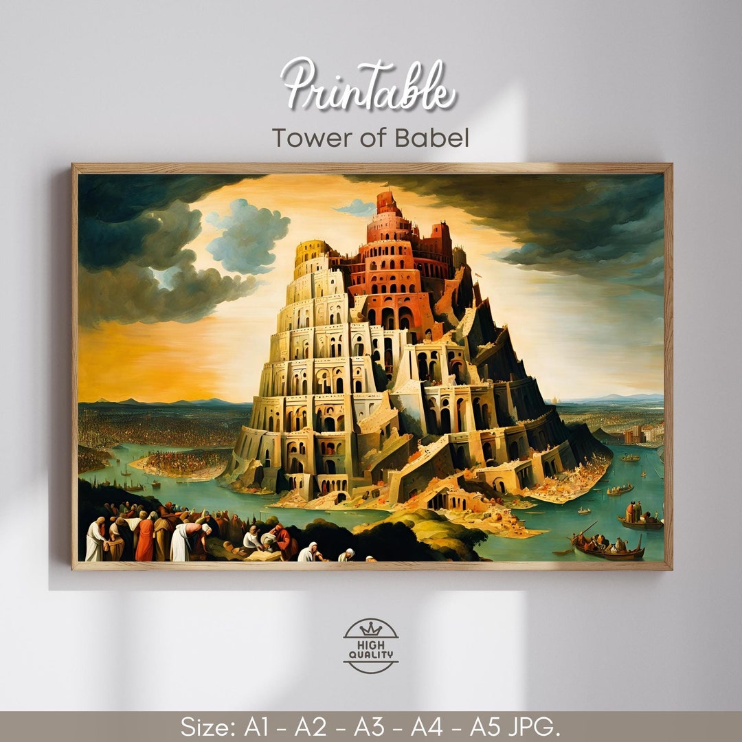 Tower of Babel Retro Digital Poster, Retro Biblical Art, Ancient ...