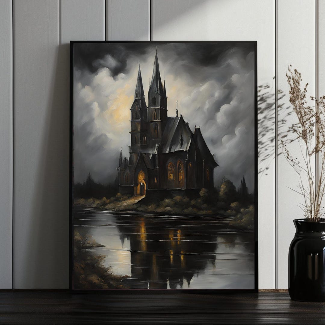 Victorian Gothic Castle Wall Art, Stormy Sky Oil Painting Poster ...