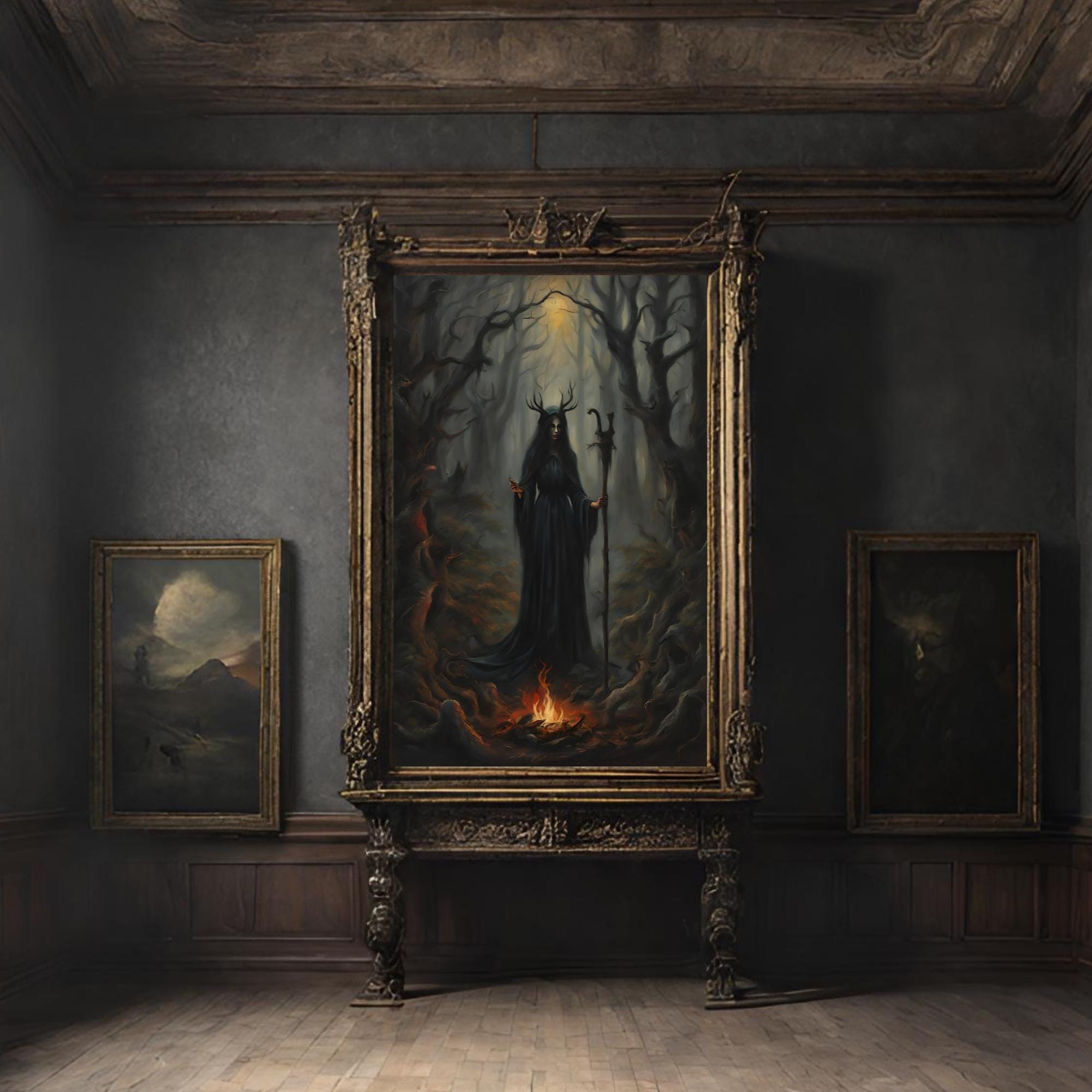 Witch Ritual Dark Forest Oil Painting Mystic Witchcraft Poster, Dark ...