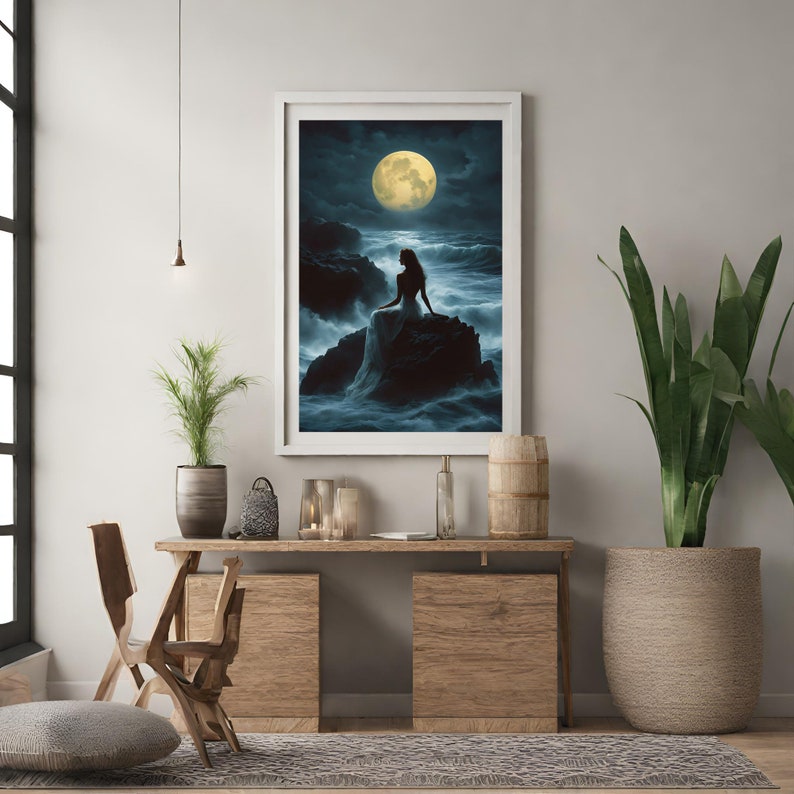 The Sea Siren on the Rock Art,siren Wall Art, Mystical Siren Under Full ...