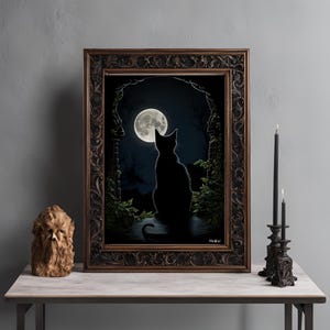 Black Cat Poster, Full Moon Art, Halloween Gift, Gothic Wall Art, Dark ...
