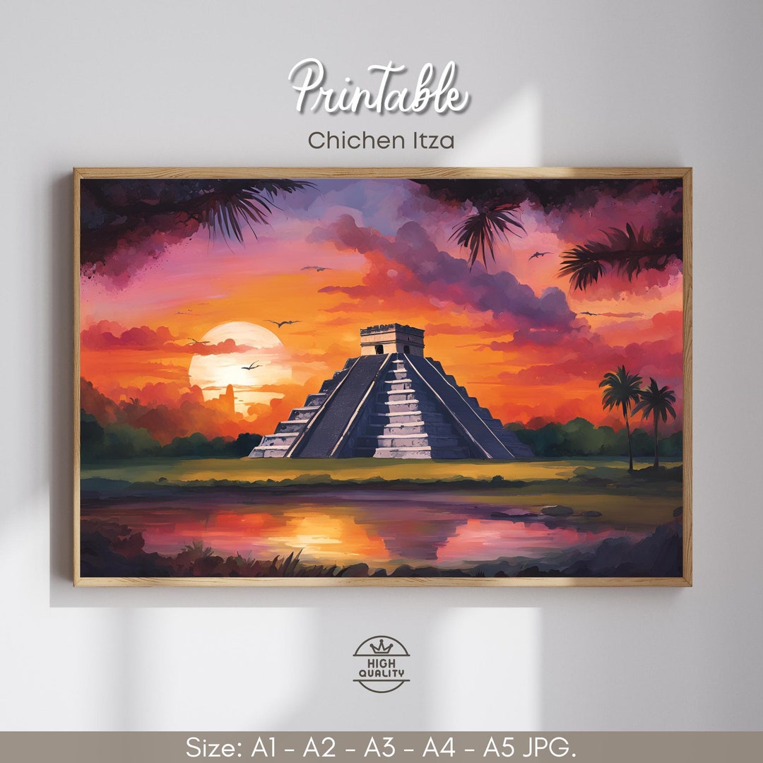 Chichen Itza Digital Poster, Mayan Pyramid Art, Retro Mexico Travel ...