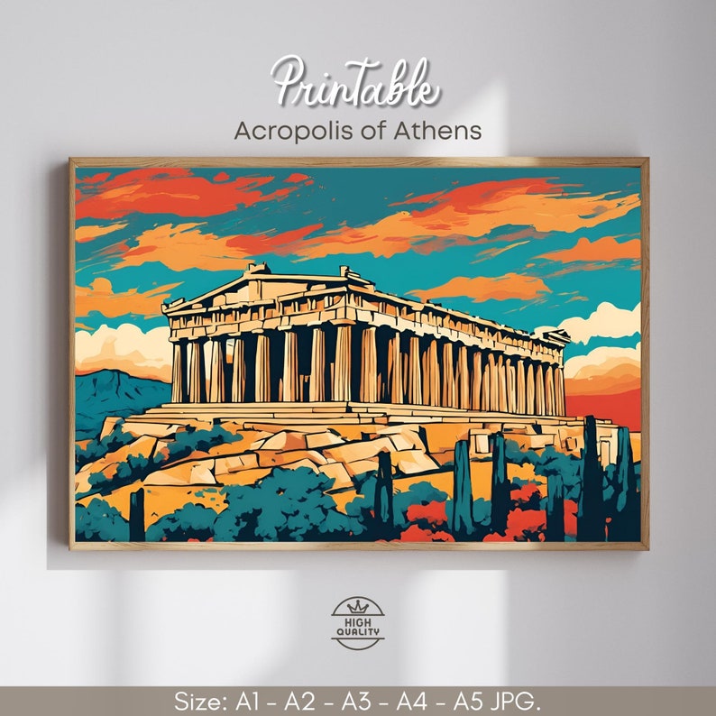 Acropolis of Athens Digital Poster – Retro Greece Travel Art, Ancient ...