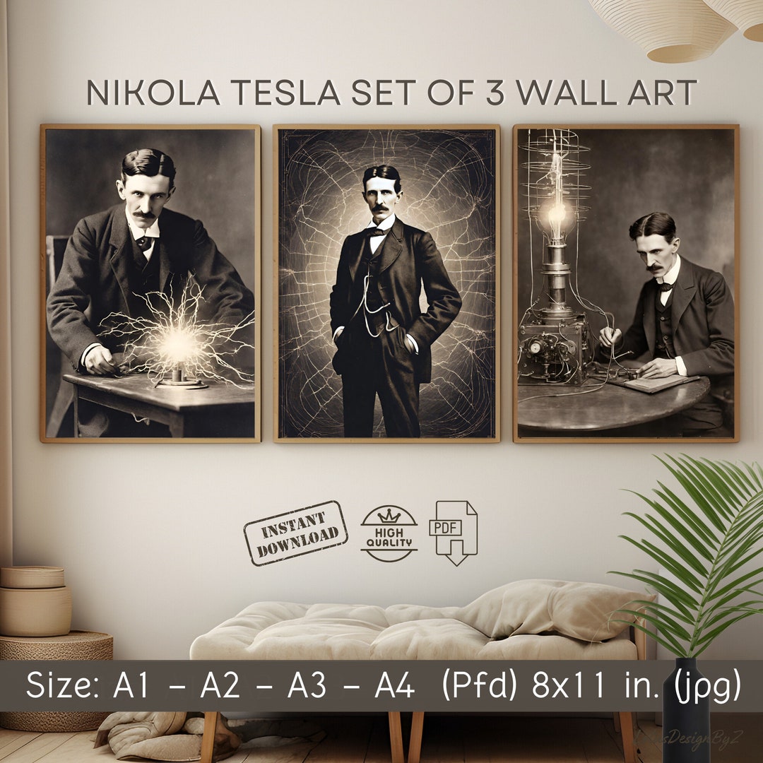 Nikola Tesla Art Print, Set of 3 Poster, Vintage Tesla Art, Tesla Wall ...