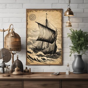 VIKING Ship & Vegvisir Digital Poster, Viking Ship Poster, Nordic Art ...