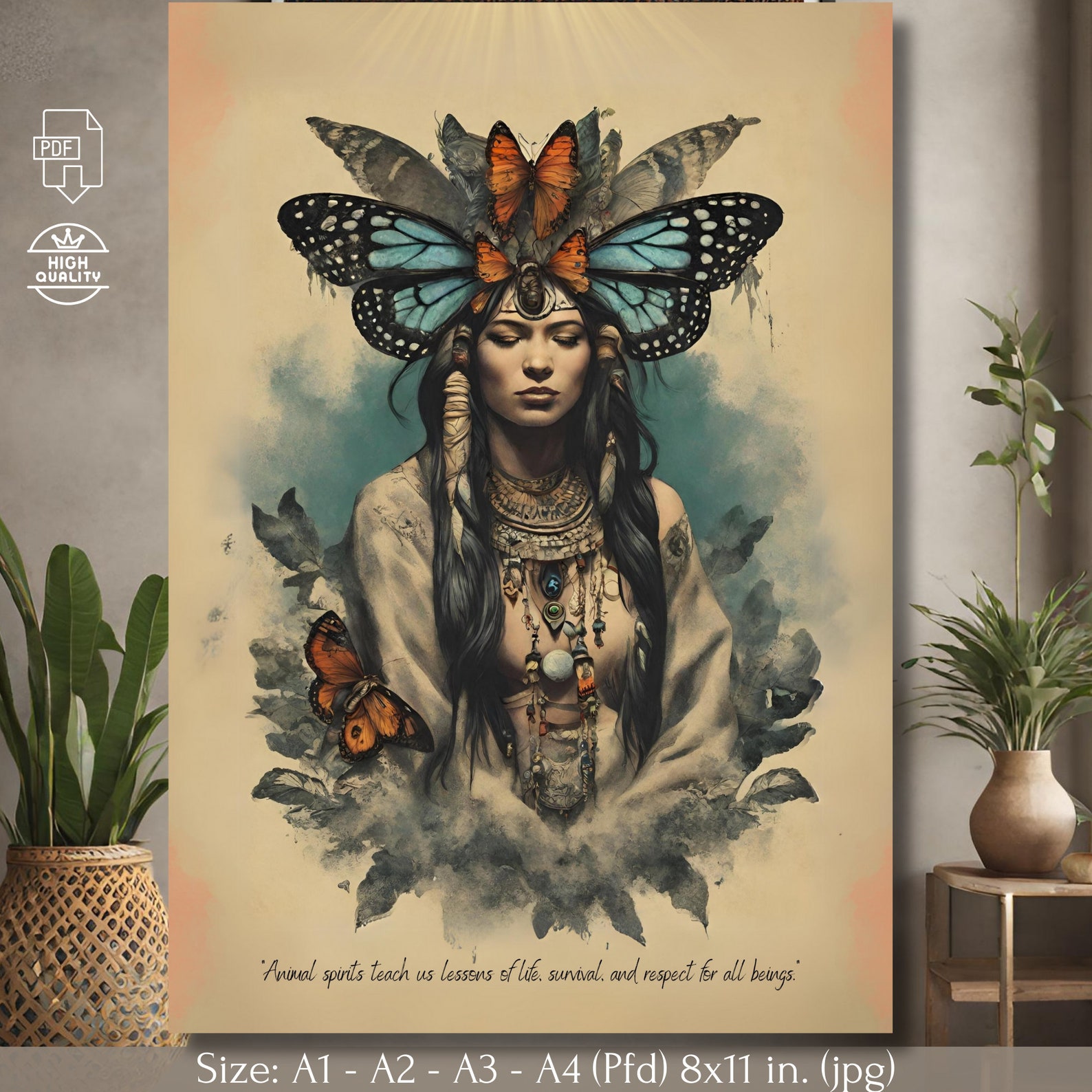 Shaman Woman and Butterfly Poster, Healing Energy Wall Art, Boho Home ...