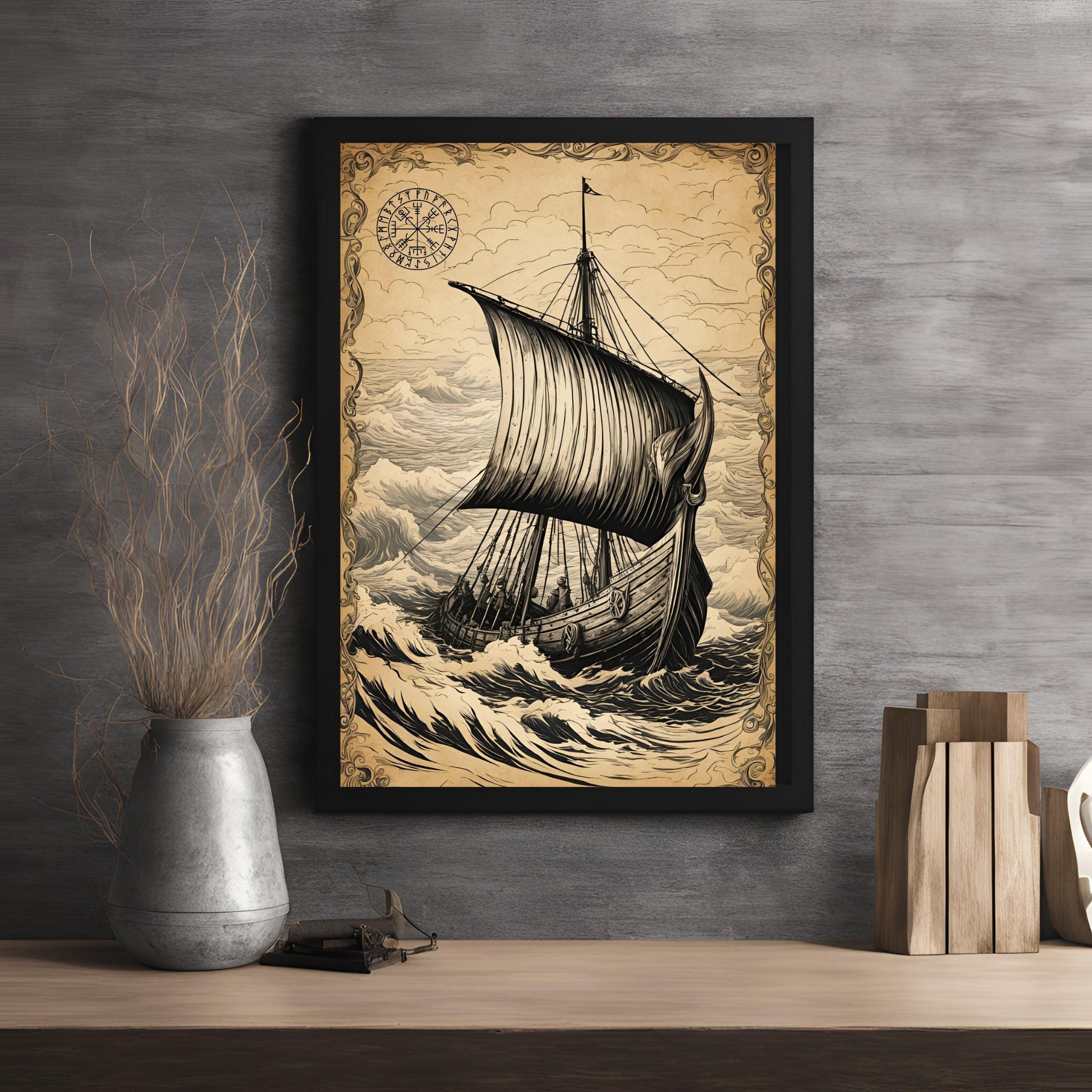 VIKING Ship & Vegvisir Digital Poster, Viking Ship Poster, Nordic Art ...
