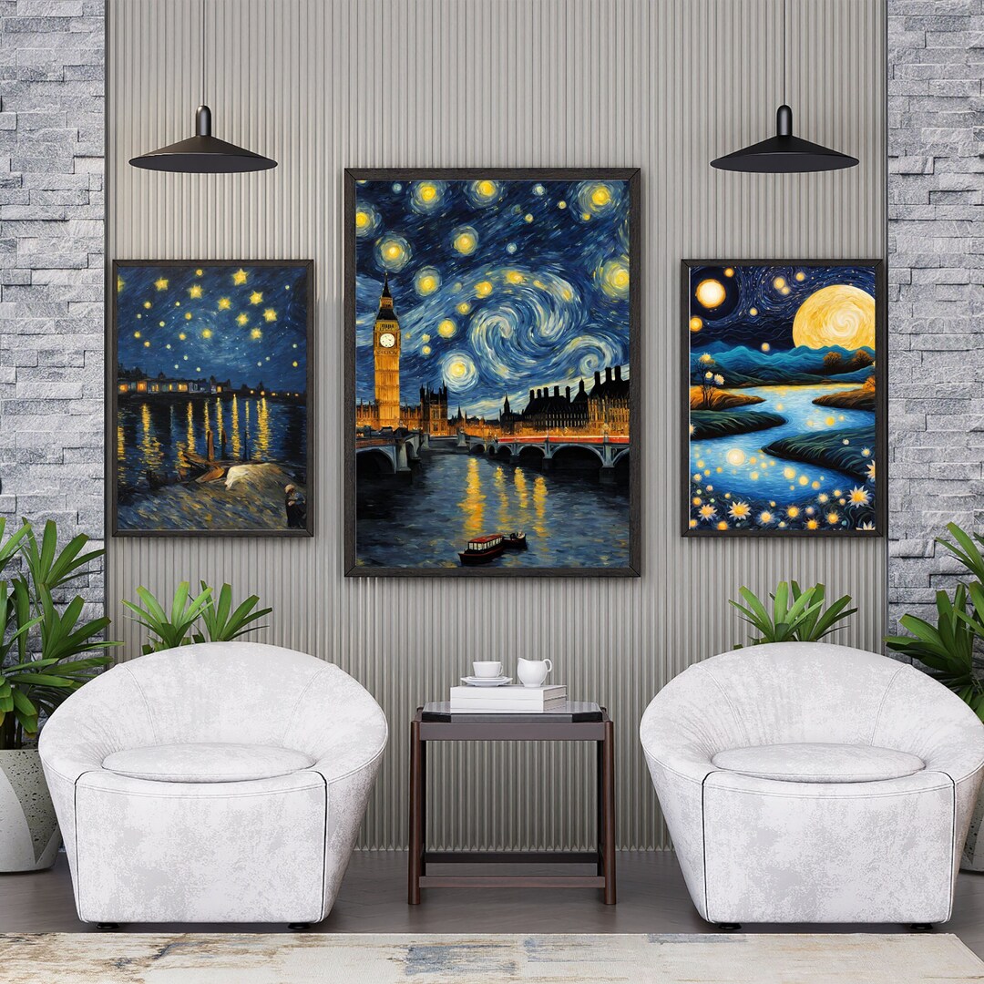 Starry Night Triptych Digital Poster, Big Ben, Moonlit River, Starry ...