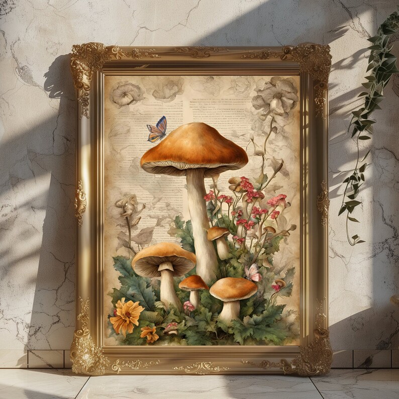 Vintage Mushrooms and Butterfly Digital Poster, Rustic Botanical Poster ...