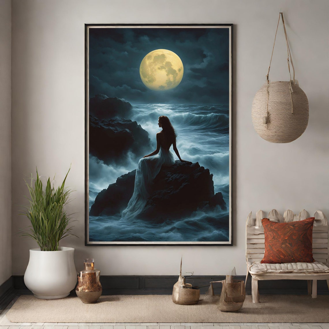 The Sea Siren on the Rock Art,siren Wall Art, Mystical Siren Under Full ...