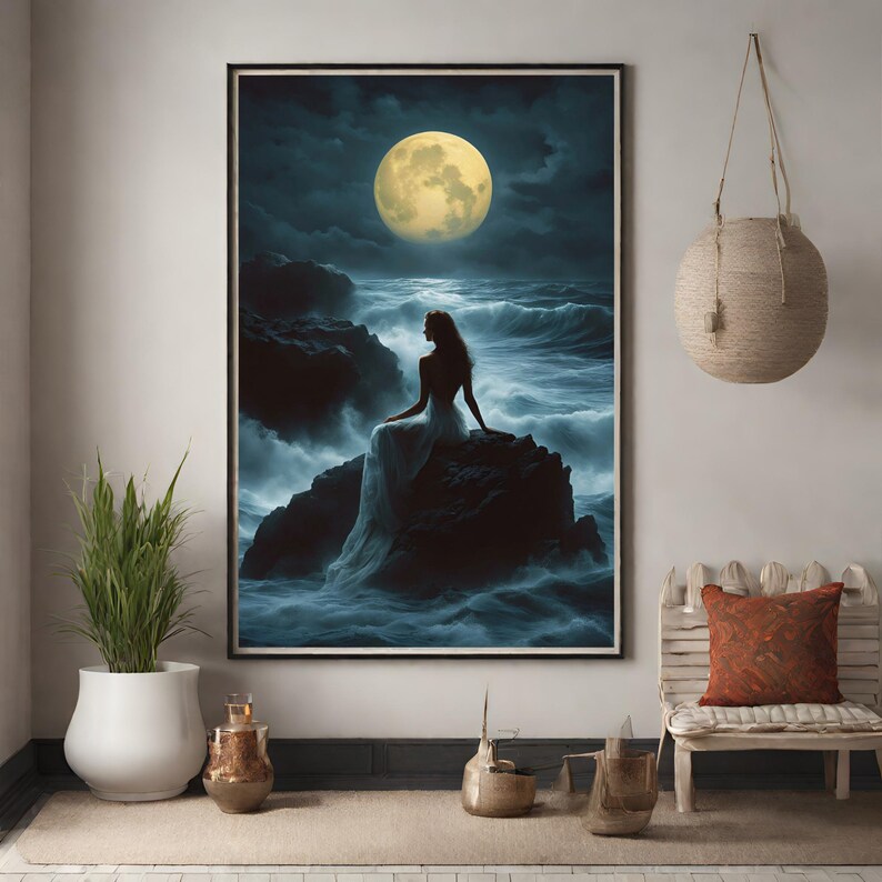 The Sea Siren on the Rock Art,siren Wall Art, Mystical Siren Under Full ...
