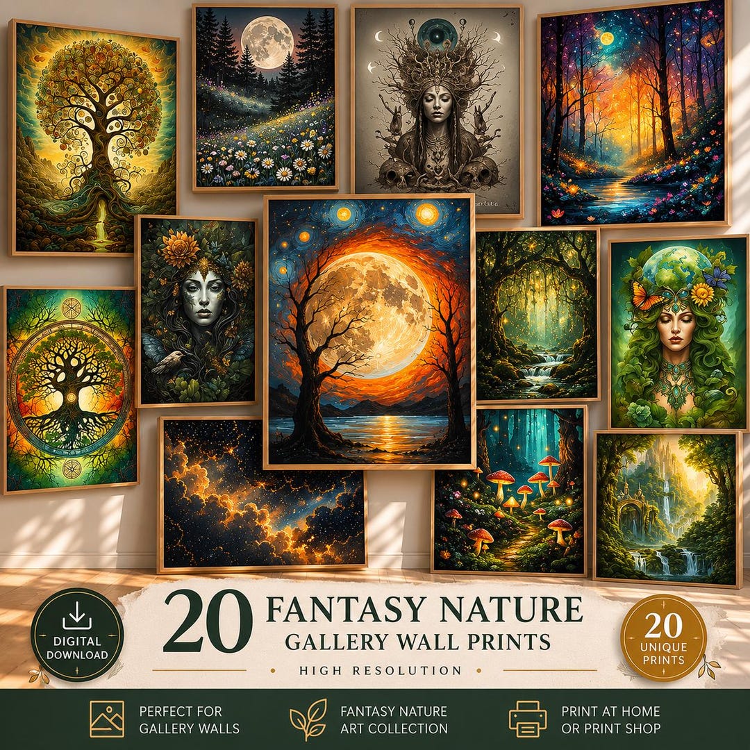 Fantasy Nature Wall Art Set, Tree of Life Prints, Moon Goddess Decor ...