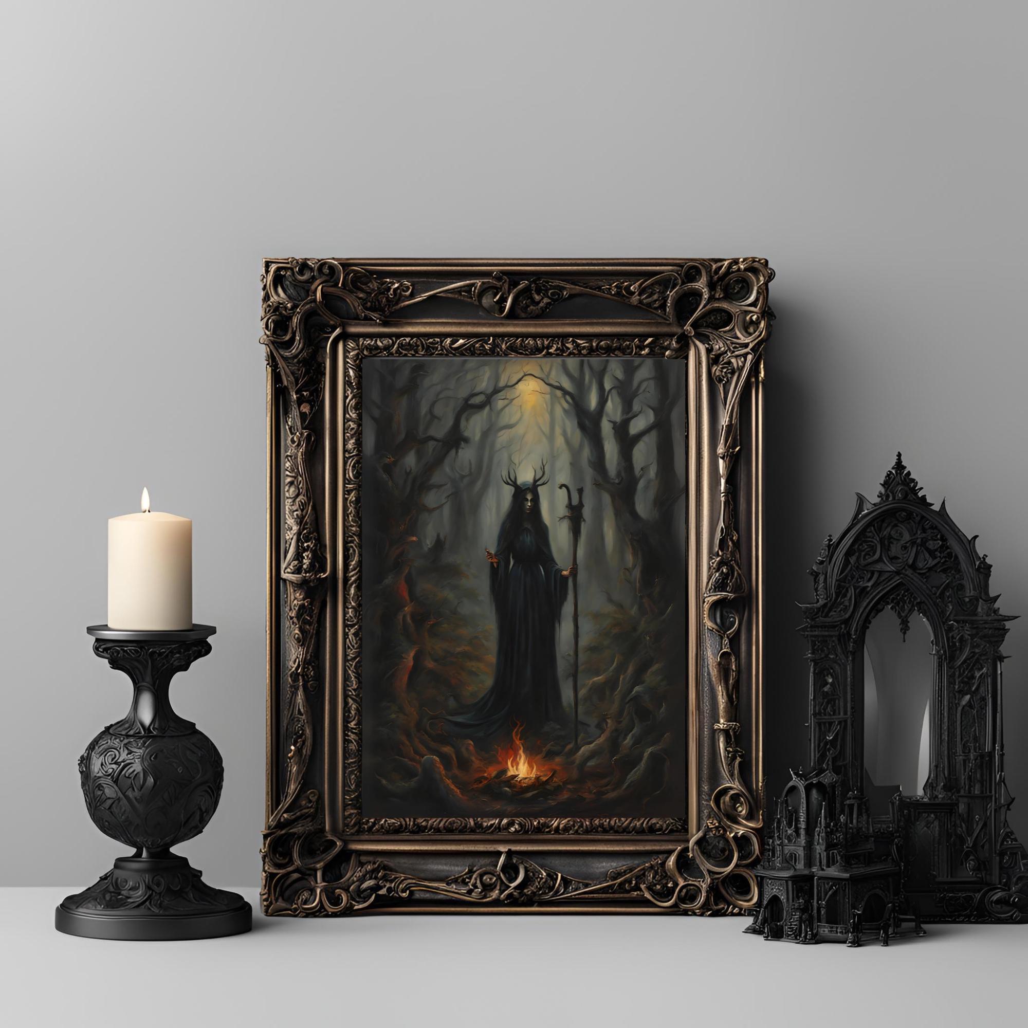Witch Ritual Dark Forest Oil Painting Mystic Witchcraft Poster, Dark ...