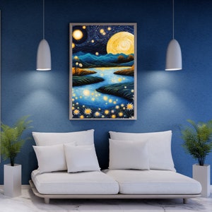 Starry Night Triptych Digital Poster, Big Ben, Moonlit River, Starry ...