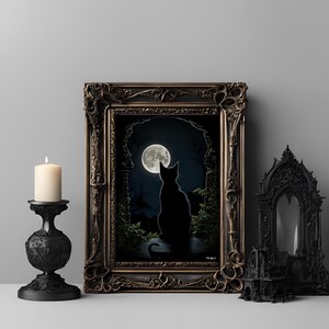 Black Cat Poster, Full Moon Art, Halloween Gift, Gothic Wall Art, Dark ...