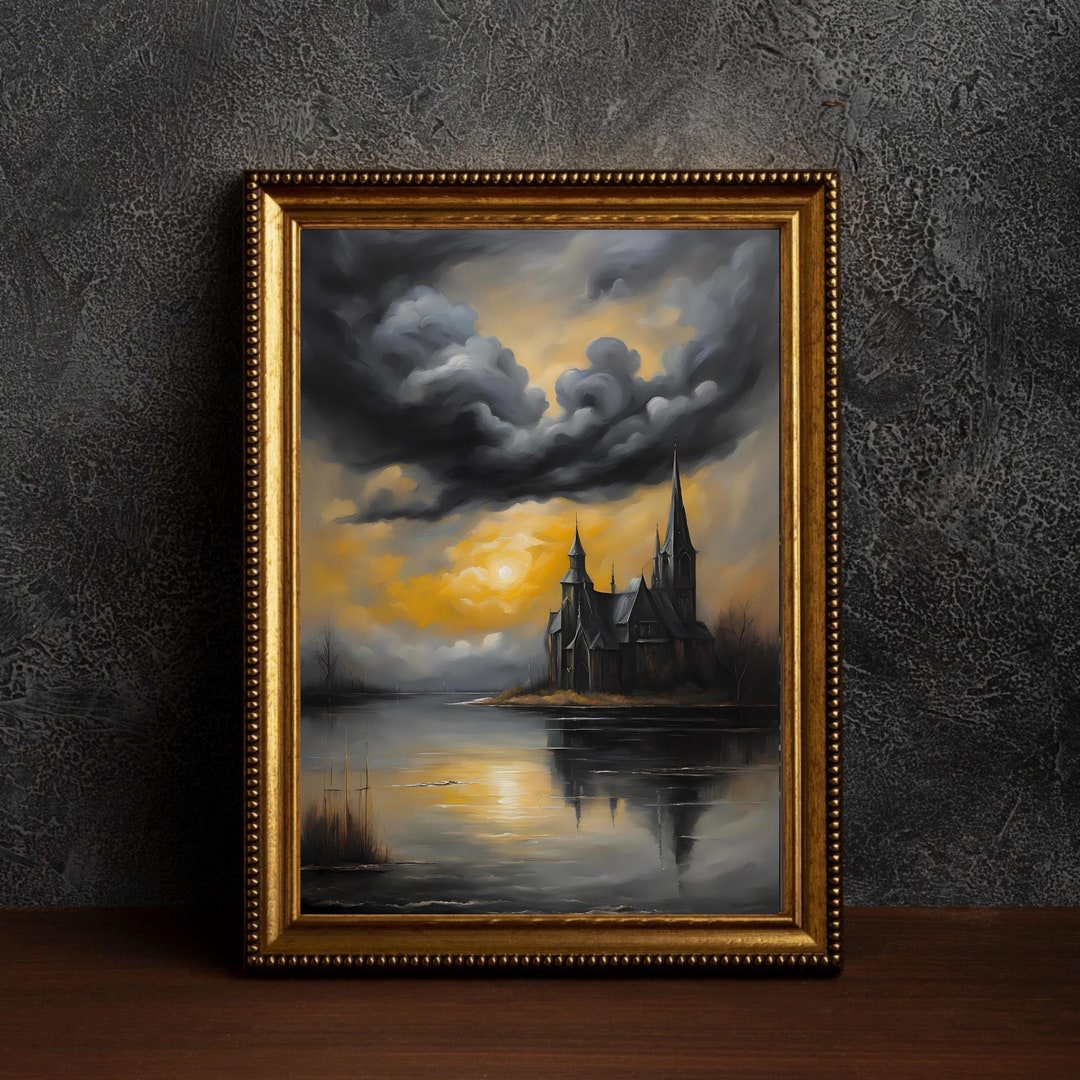 Victorian Gothic Castle Poster, Stormy Sky Oil Painting Poster, Gothic ...