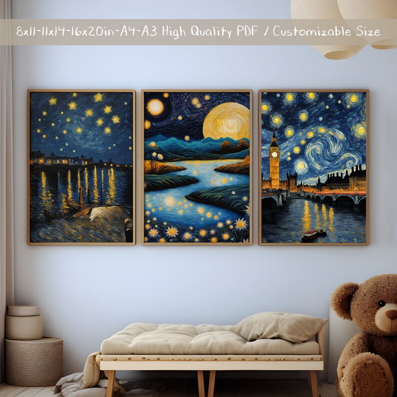 Starry Night Triptych Digital Poster, Big Ben, Moonlit River, Starry ...