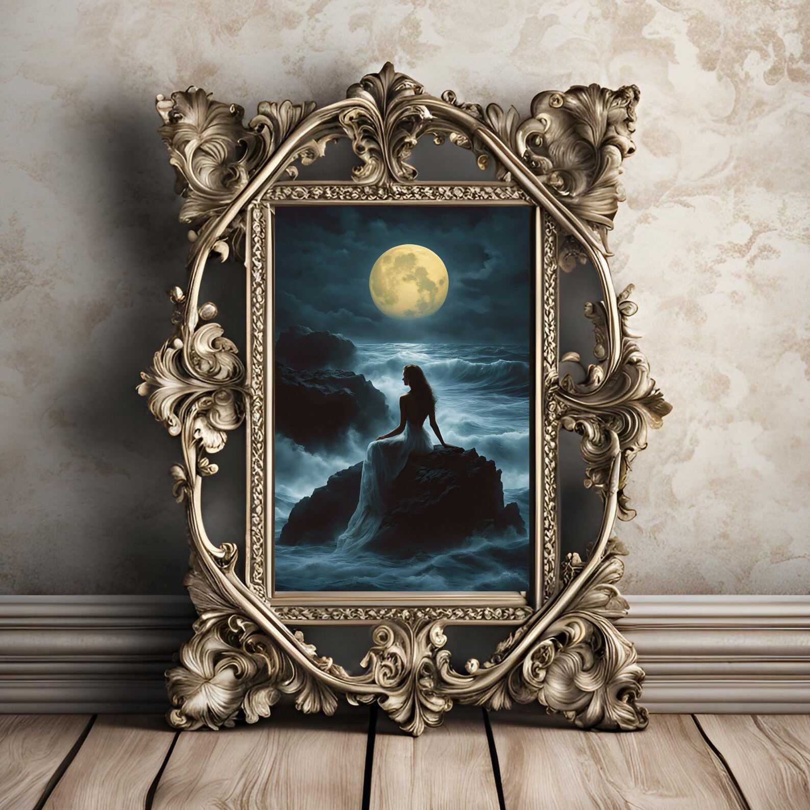 The Sea Siren on the Rock Art,siren Wall Art, Mystical Siren Under Full ...