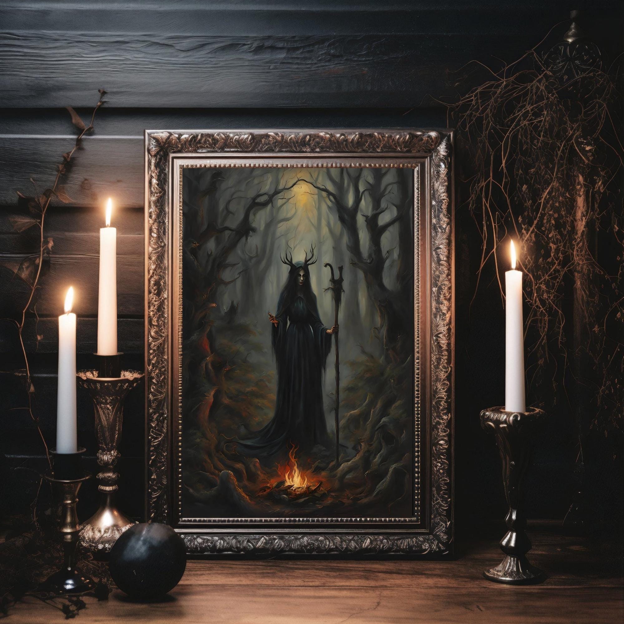 Witch Ritual Dark Forest Oil Painting Mystic Witchcraft Poster, Dark ...