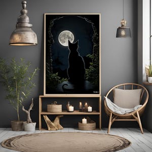 Black Cat Poster, Full Moon Art, Halloween Gift, Gothic Wall Art, Dark ...