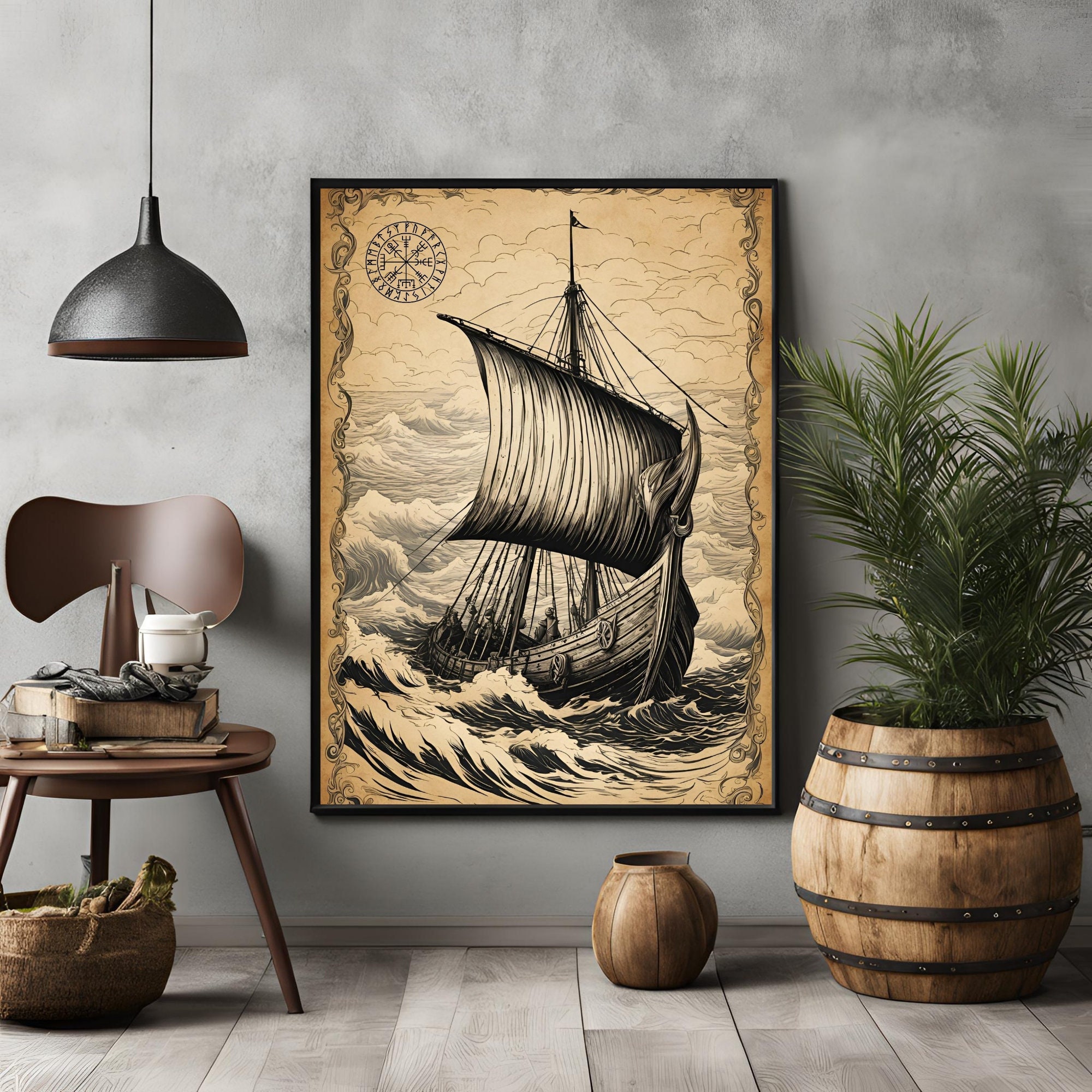VIKING Ship & Vegvisir Digital Poster, Viking Ship Poster, Nordic Art ...