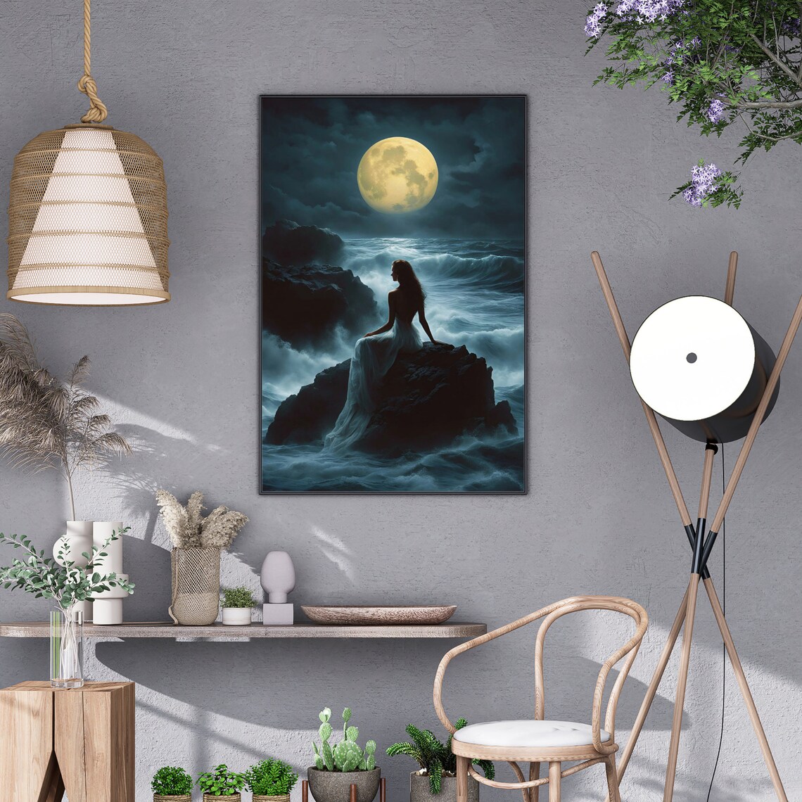 The Sea Siren on the Rock Art,siren Wall Art, Mystical Siren Under Full ...