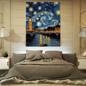 Starry Night Triptych Digital Poster, Big Ben, Moonlit River, Starry ...
