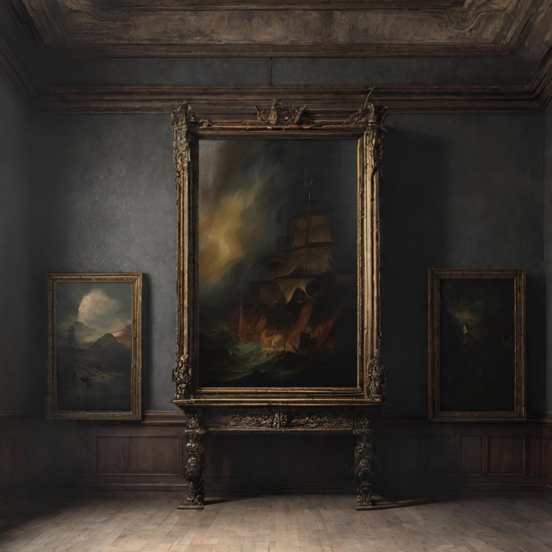 Dark Moody Ship Oil Painting Digital Poster, Stormy Night Gothic Decor ...