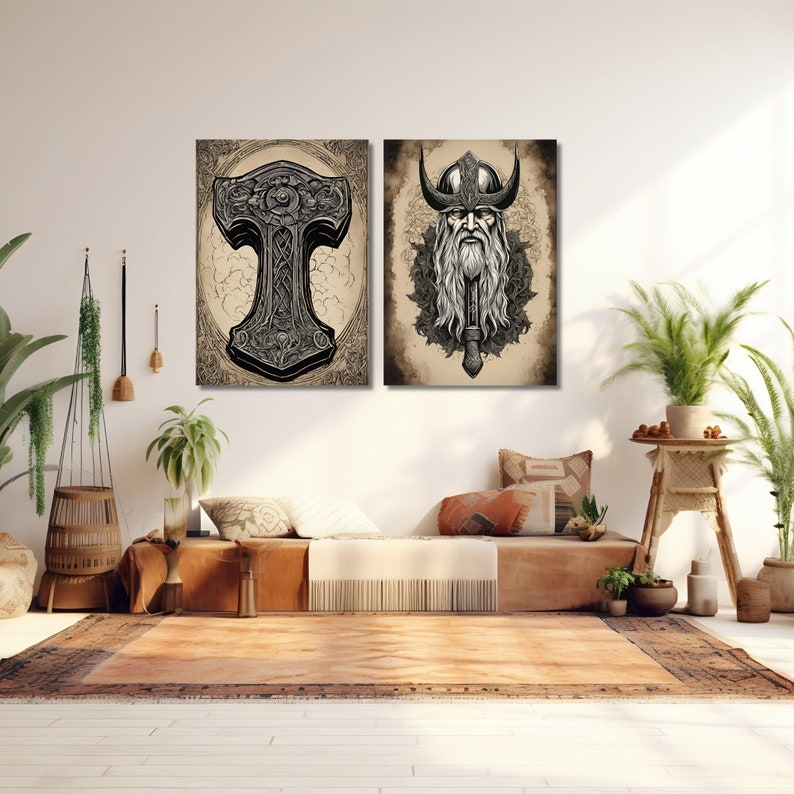 ODIN & MJOLNIR Thors Hammer Set of 2 Posters, Viking Wall Art, Odin ...