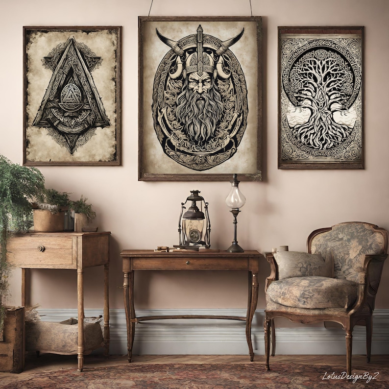 Norse Mythology Viking Symbols Poster Set, Valknut Room Aesthetic ...