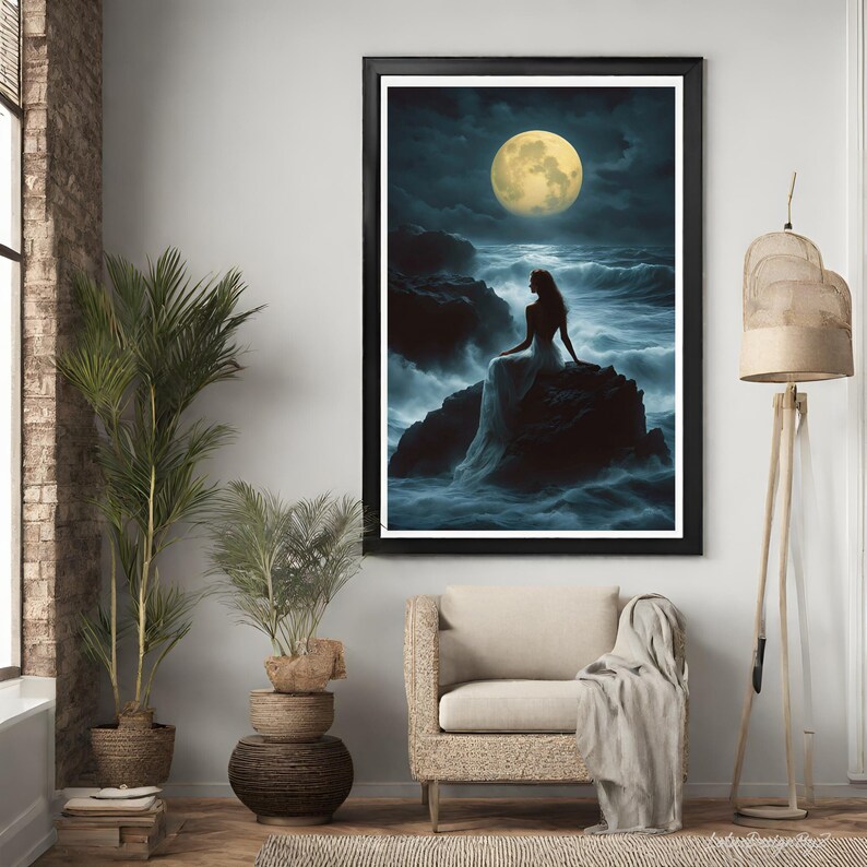 The Sea Siren on the Rock Art,siren Wall Art, Mystical Siren Under Full ...