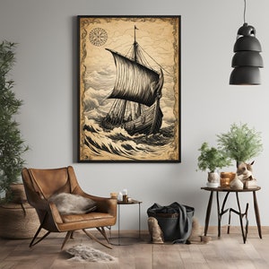 VIKING Ship & Vegvisir Digital Poster, Viking Ship Poster, Nordic Art ...