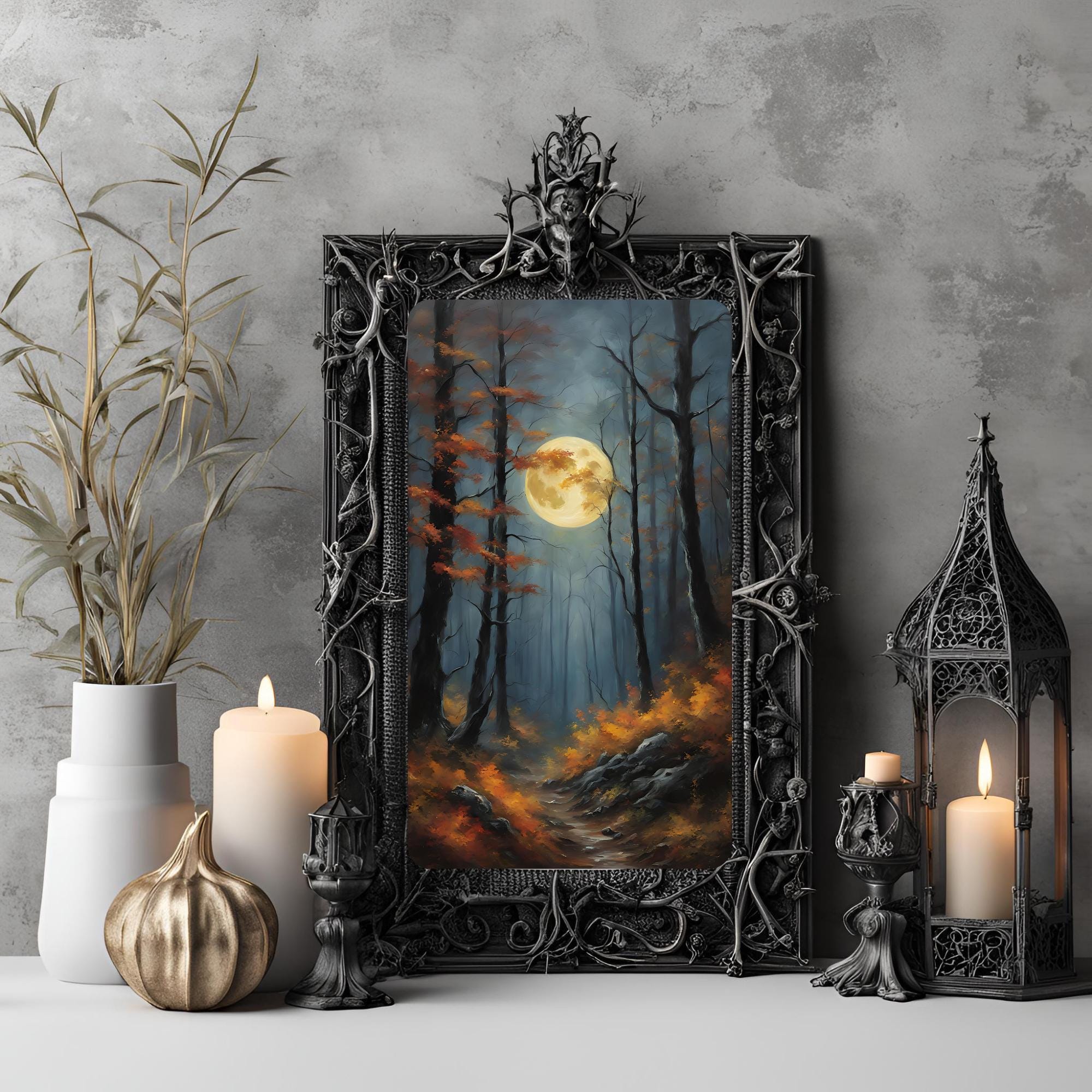 Autumn Full Moon Dark Forest Art Print, Dark Category, Moody Fall Art ...