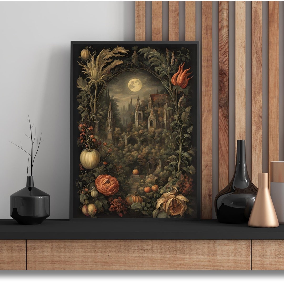 Victorian Gothic Botanical Digital Art, Wildflowers and Moonlit Castle ...