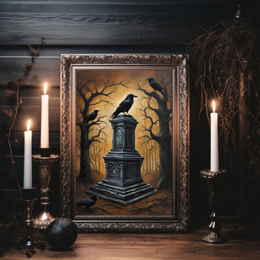 Vintage Crow Gothic Digital Poster, Crow Wall Art, Graveyard Dark Art ...