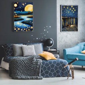 Starry Night Triptych Digital Poster, Big Ben, Moonlit River, Starry ...