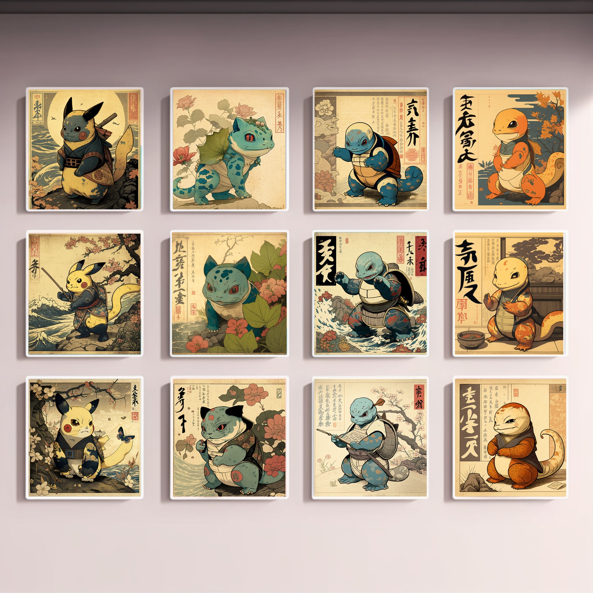 Pokemon Prints Set of 12 Ukiyo-e Style Pikachu Charmander Bulbasaur ...