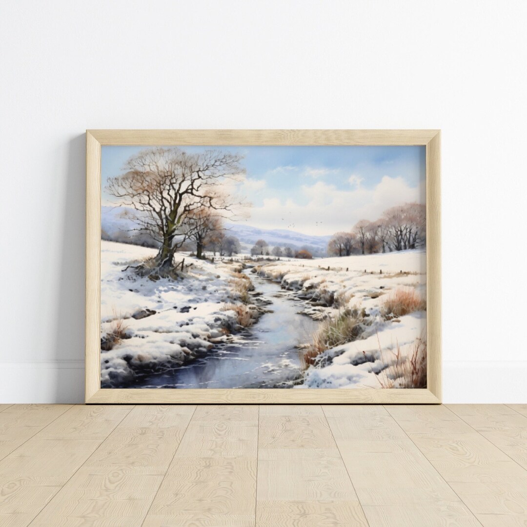 Snowy English Country Landscape Watercolor Painting, Icy Winter ...
