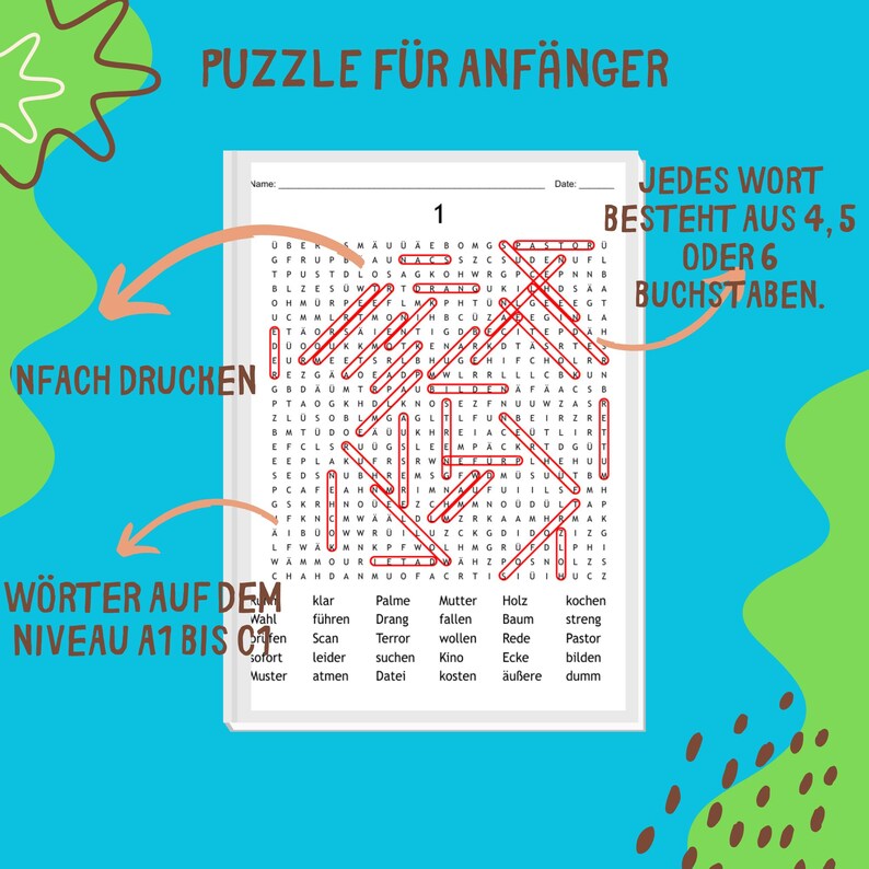German Word Search Puzzle Book, 100 Puzzles Beginner to Difficult ...