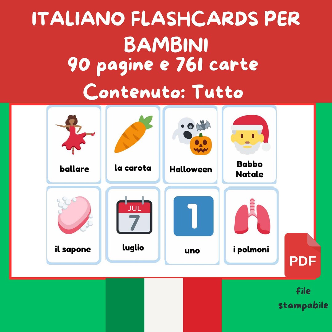 Italian Flashcards for Kids, Printable ESL Vocabulary Cards, Alphabet ...