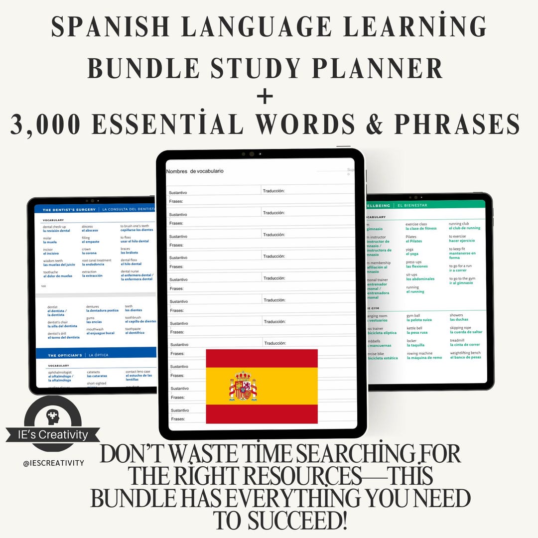 Spanish Language Learning Bundle–43 Page Study Planner + 100 Pages of 3,000 Essential Words and ...