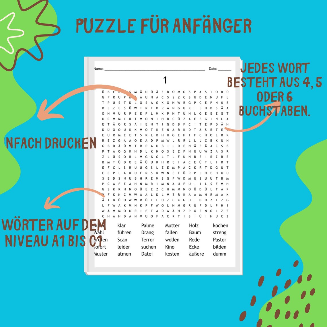 German Word Search Puzzle Book, 100 Puzzles Beginner to Difficult ...