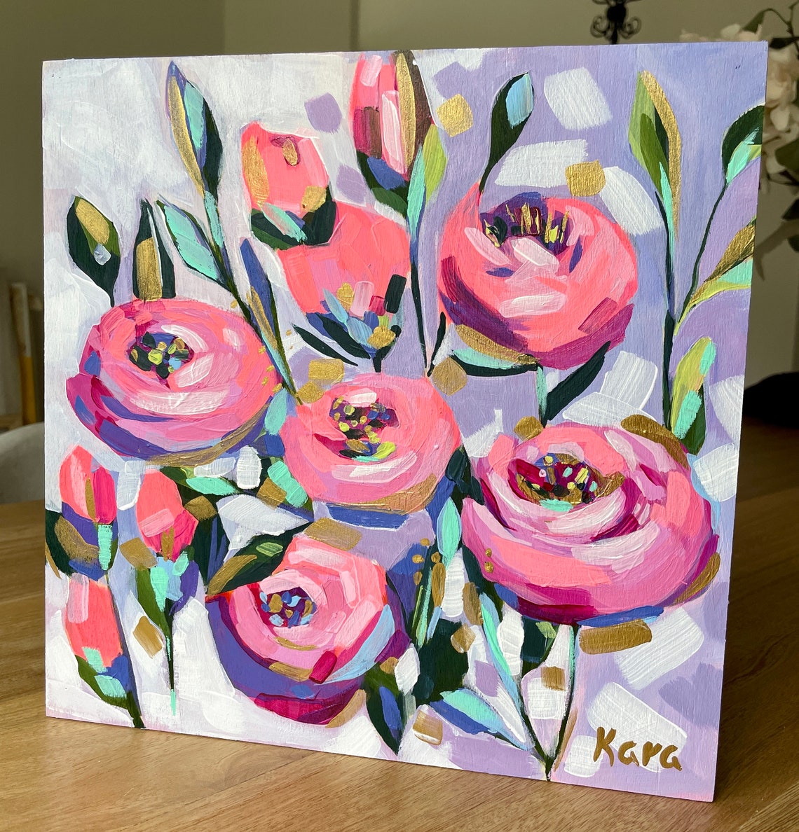 Original Flower Painting on Wood Panel, Colorful Flower Painting, Small ...