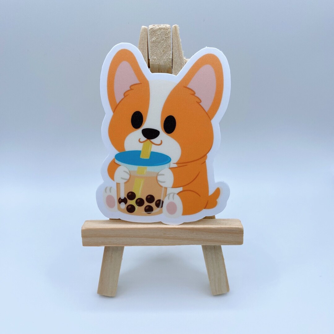 Corgi Drinking Boba Vinyl Sticker, Cute Corgi Vinyl Sticker, Corgi ...